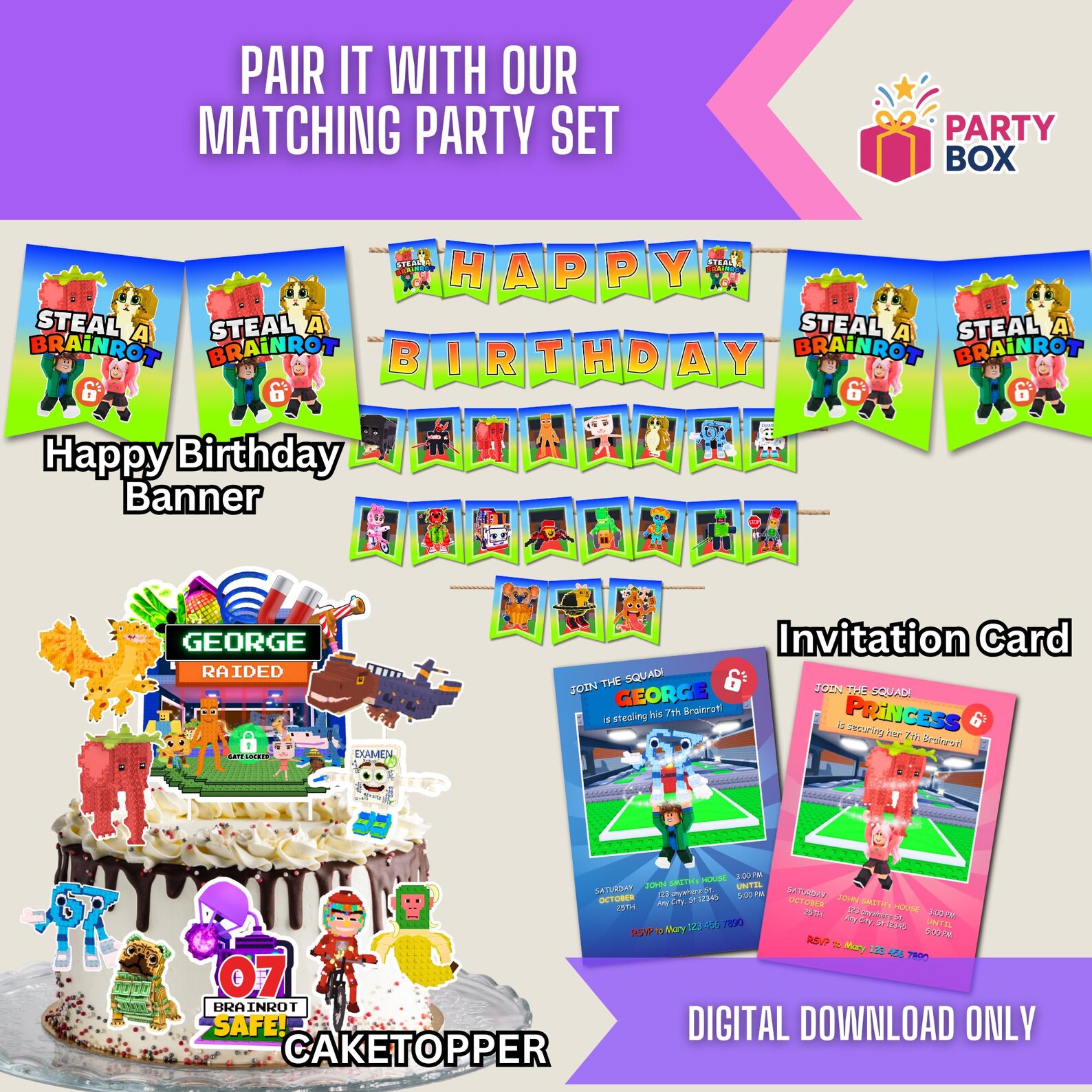 Steal a Brainrot Cake Topper: Gamer Birthday Party (editable Canva ...