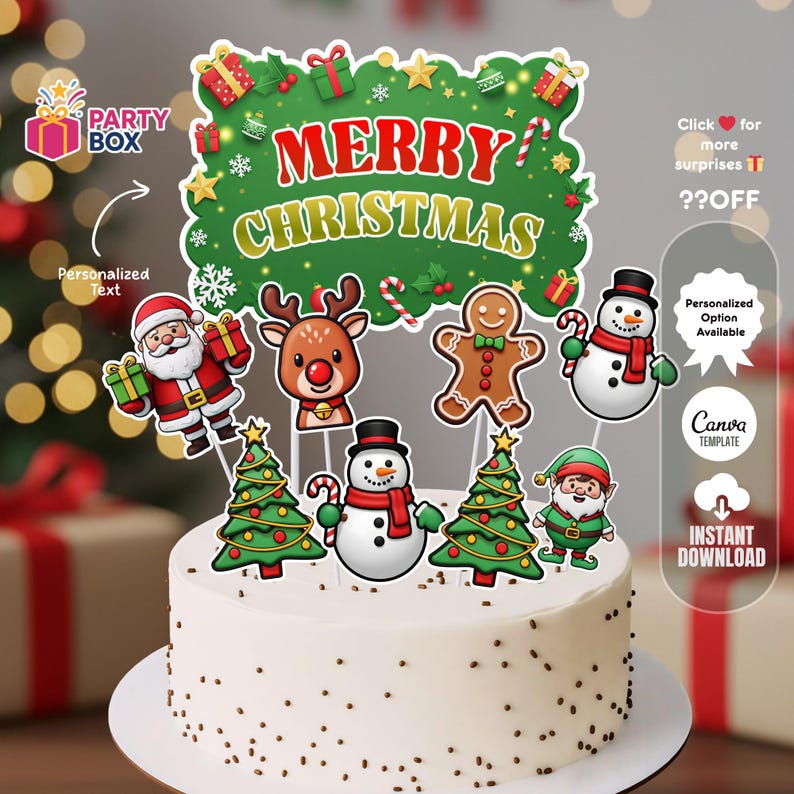 Merry Christmas Cake Topper | DIY Printable Holiday Decoration (digital ...