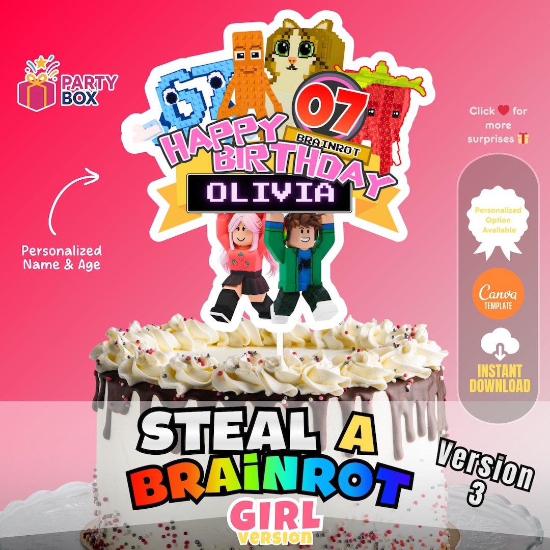 Steal a Brainrot Cake Topper: Pink Girl Gamer Birthday Party (editable ...