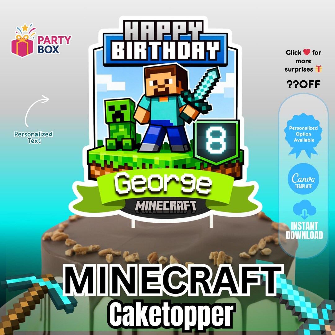 Minecraft Inspired Cake Topper Steve Creeper | Printable Gamer Birthday ...