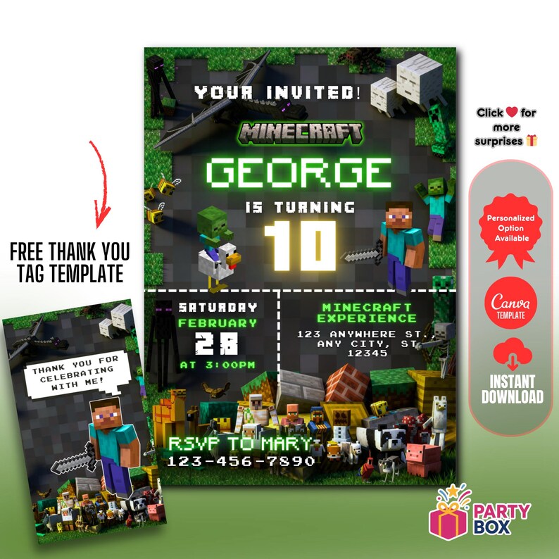 Minecraft Birthday Invitation Editable Canva Template | Gamer Boy Party ...
