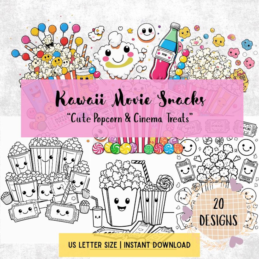 Kawaii Movie Snacks Coloring Pages – Cute Popcorn & Cinema Treats, 20 ...