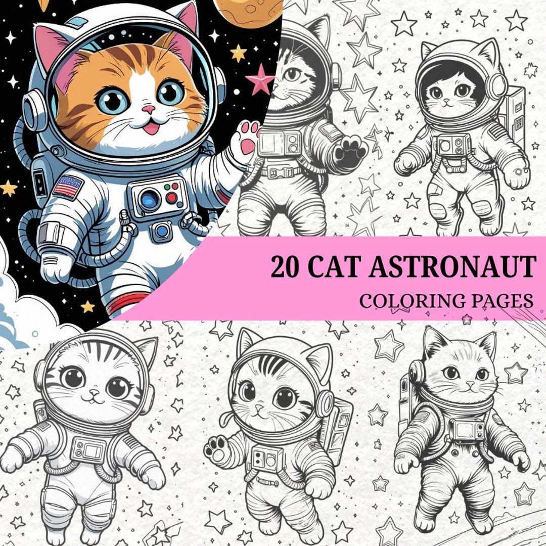 20 Cat Astronaut Coloring Pages | Space Cats Coloring Book | PDF & PNG ...
