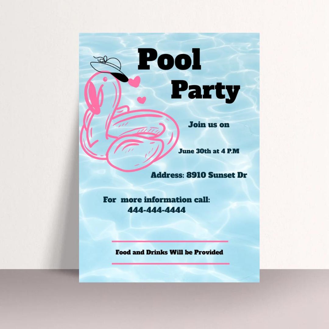 Blue and Pink Pool Party Invitation Template - Etsy