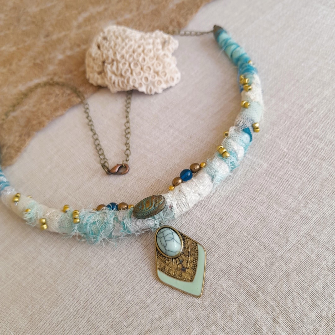 Fabric Art Necklace, Statement Boho Indie Jewel, Upcycled Textiles ...