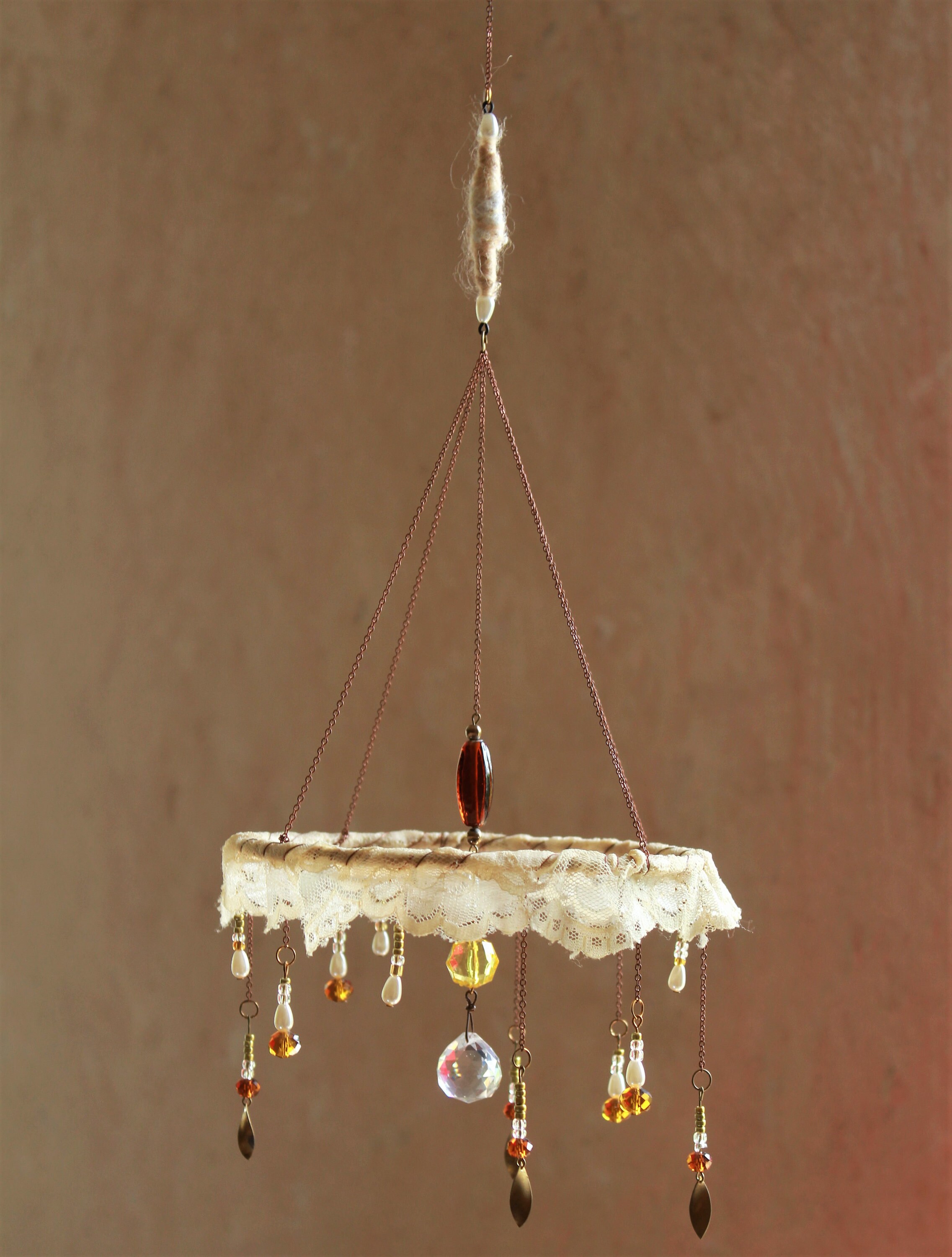 Boho Chandelier Art: Elegant White Lace and Glass Beads Window Ornament ...