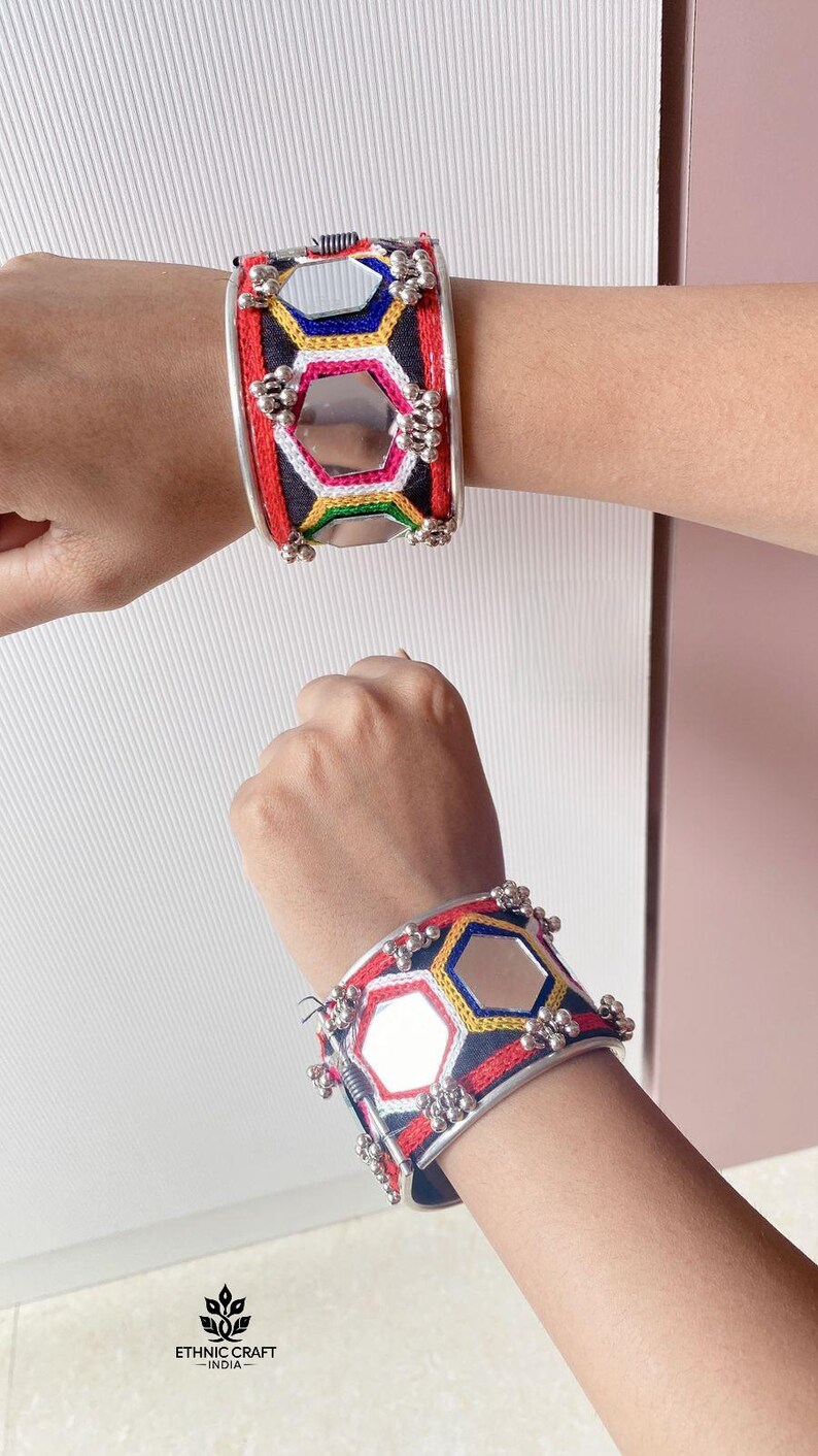 Navratri Mirror Work Bracelet | Multicolor Embroidered Cuff | Kutchi ...