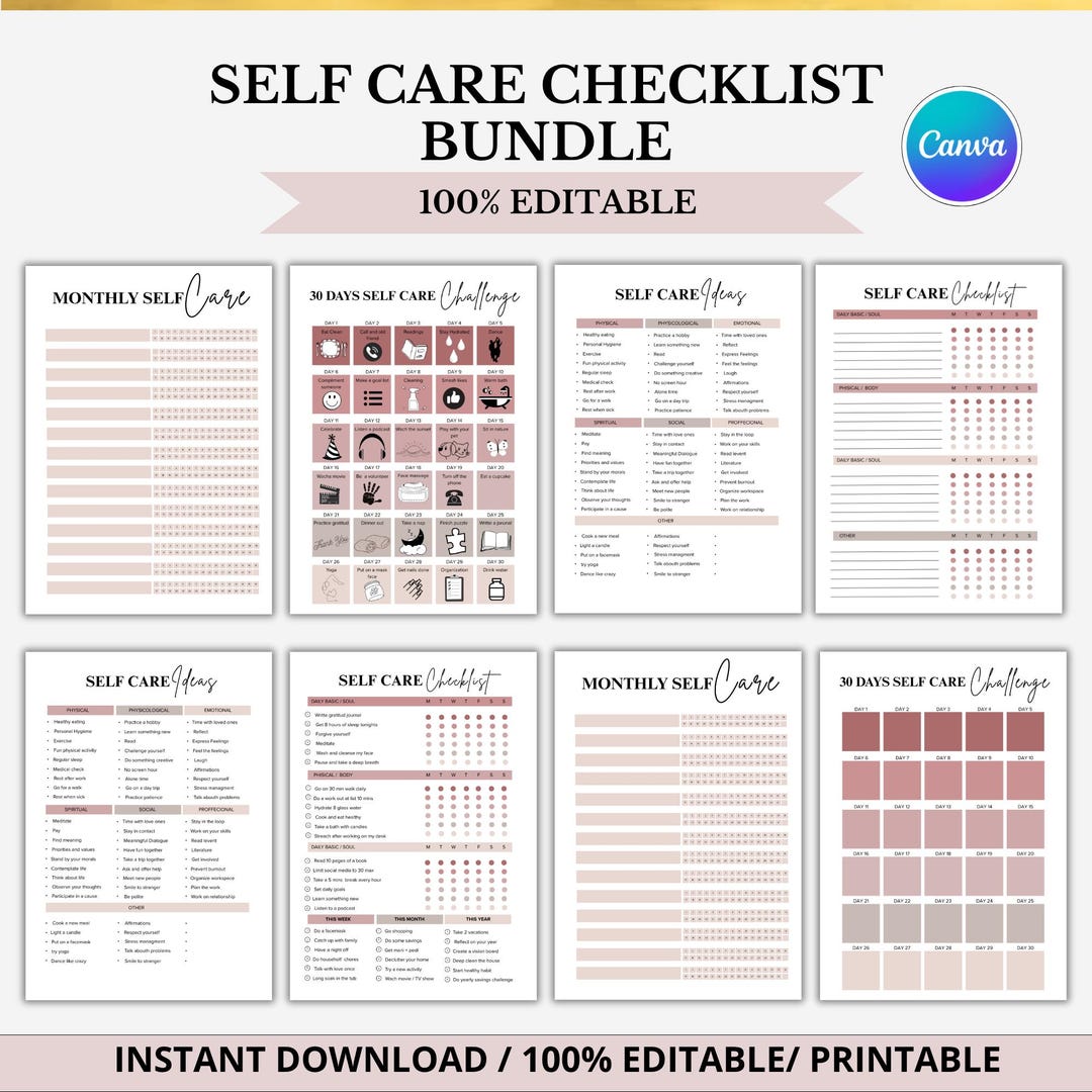Printable Self-care Checklist Bundle, Editable Canva Template Daily ...