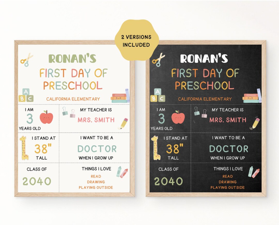 Editable First Day of Preschool Sign, Back to School, Canva Template ...