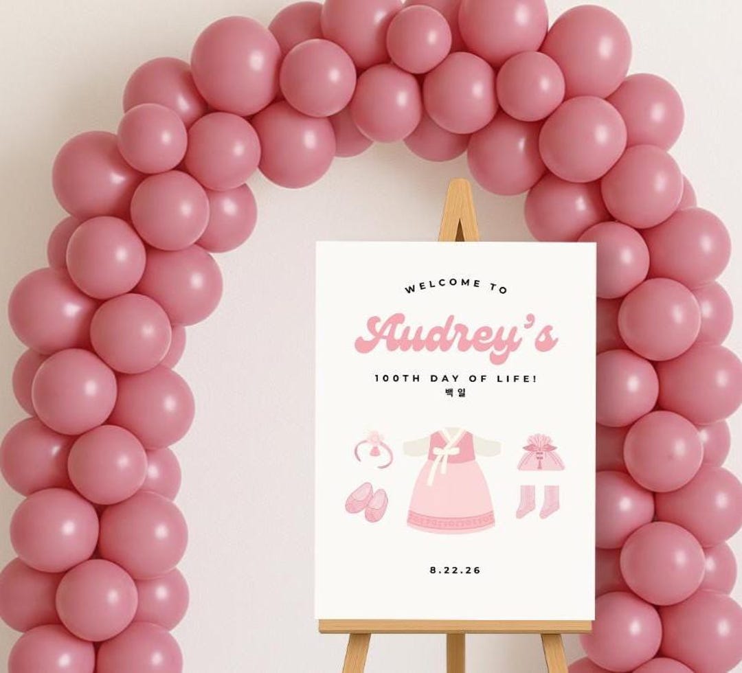 Editable Girl Hanbok 100 Day Pink Welcome Sign: Editable Korean Baek-il ...
