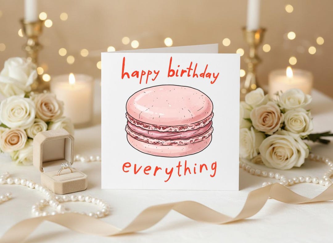 Cute Macaron Birthday Card, Pink Macaron Illustration, Sweet Foodie ...