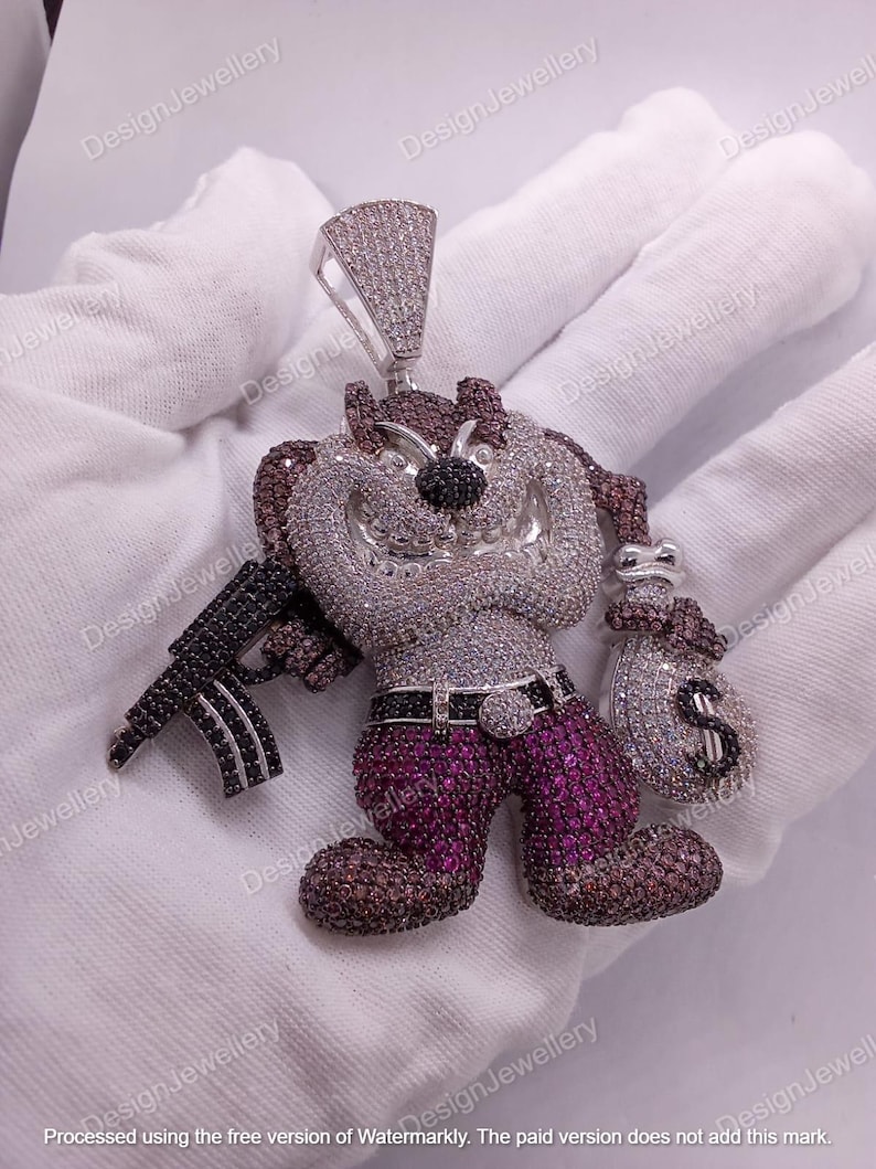 Sterling Silver Cartoon Charm Pendant, Round Cut Cubic Zirconia, Rapper ...
