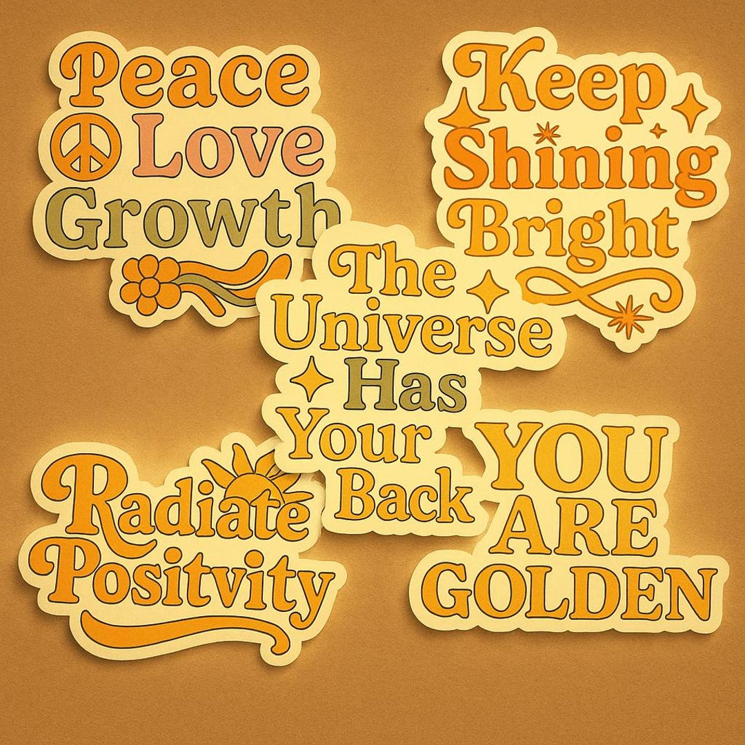 Retro Affirmation Sticker Pack – 5 Positive Vibes Quotes in 70s Groovy ...