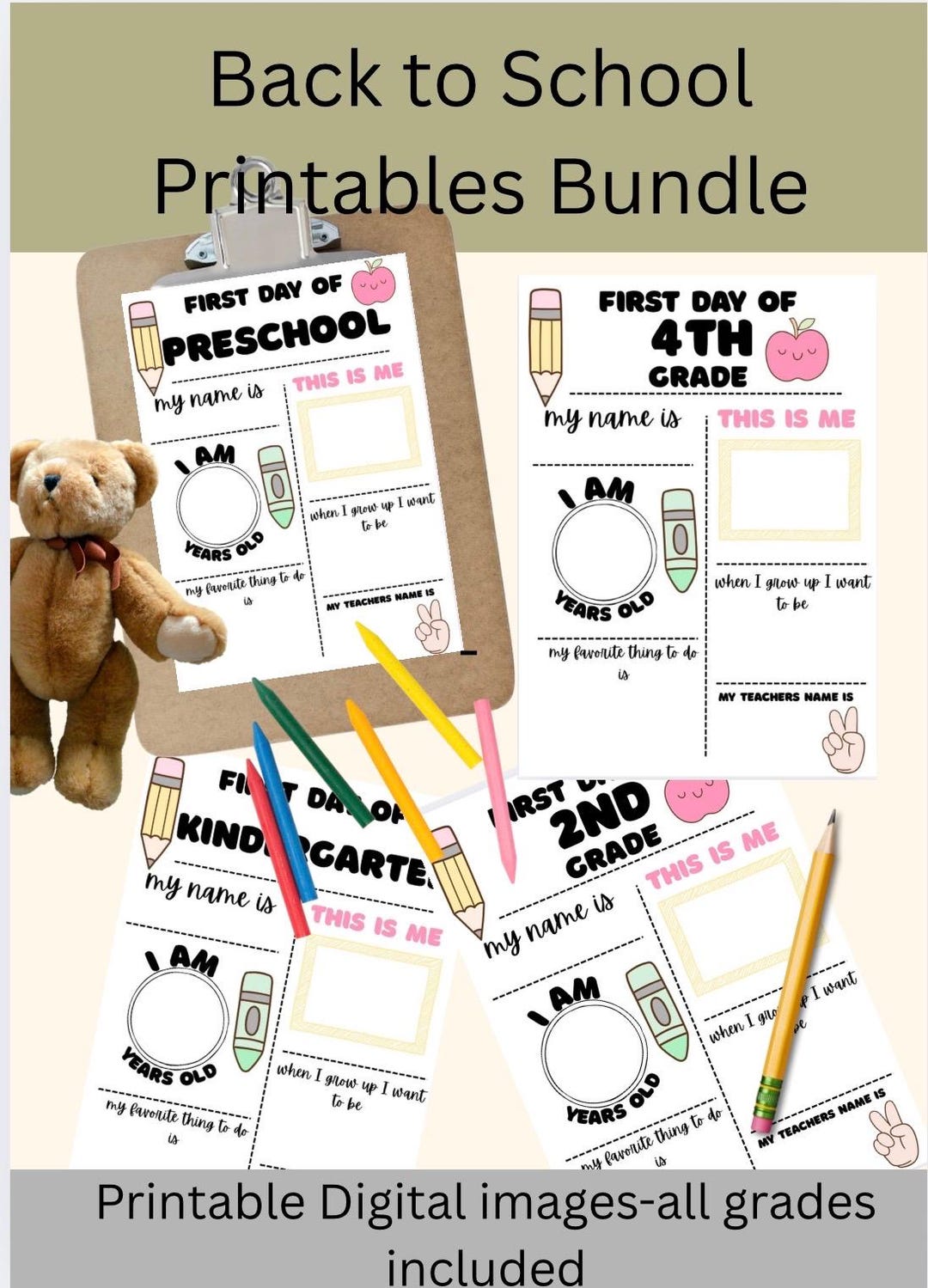 First Day of School Sign Bundle – Preschool to 5th Grade Printable PDF ...