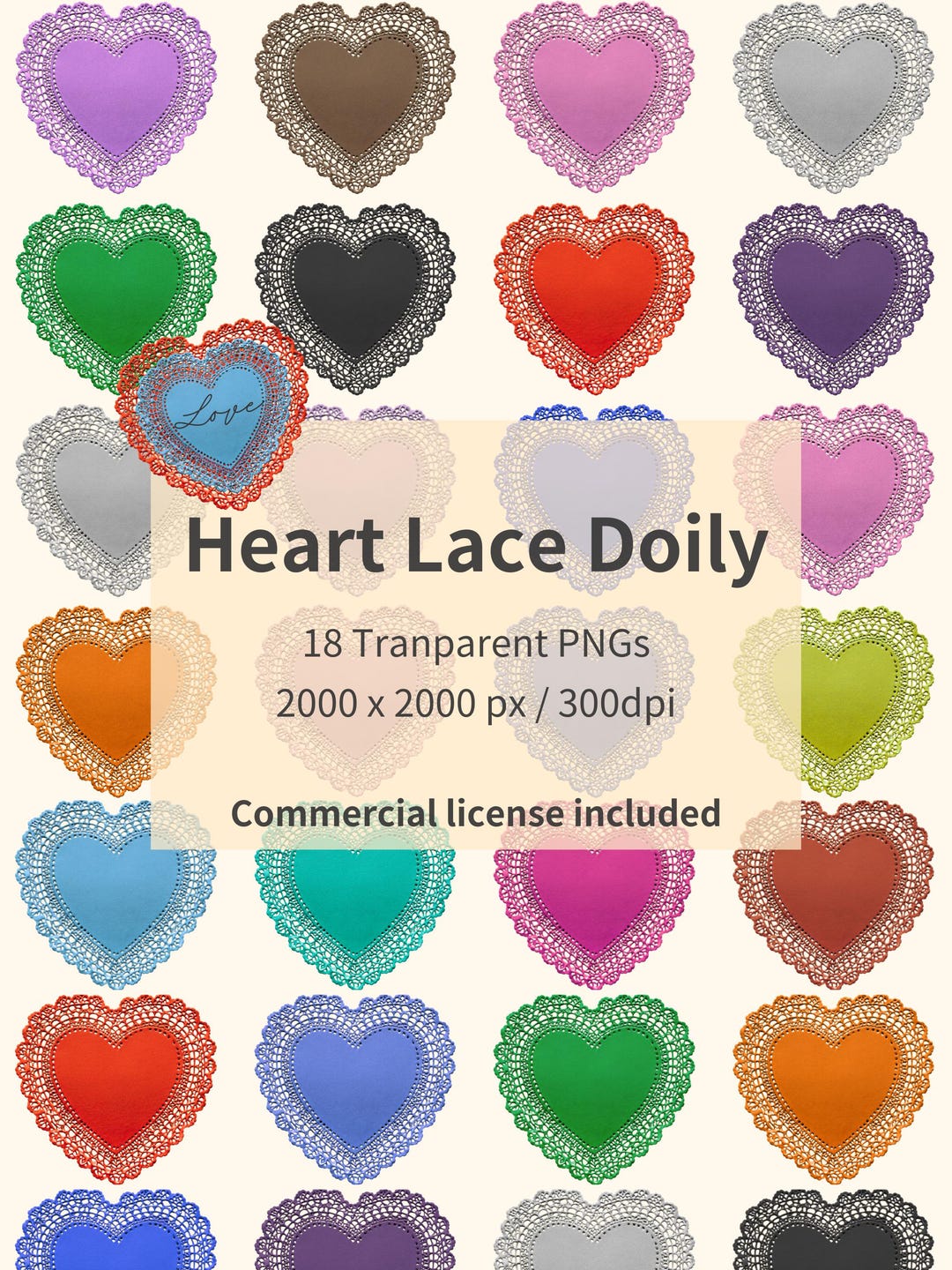 Heart Lace Doily Clipart Set, 18 PNG Heart Doilies, Romantic Lace ...