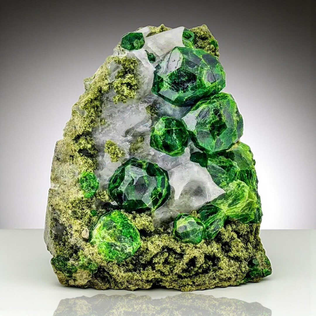 Rare Demantoid Garnet Cluster on Matrix | Lustrous Green Garnet With ...
