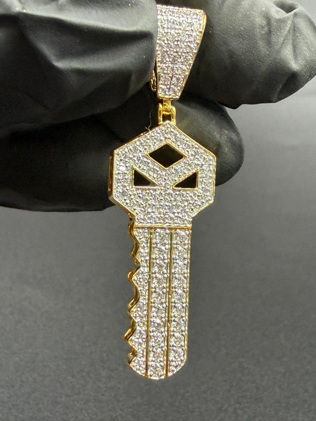 Iced Out Key Real Moissanite Hip Hop Pendant 14K Yellow Gold Plated ...