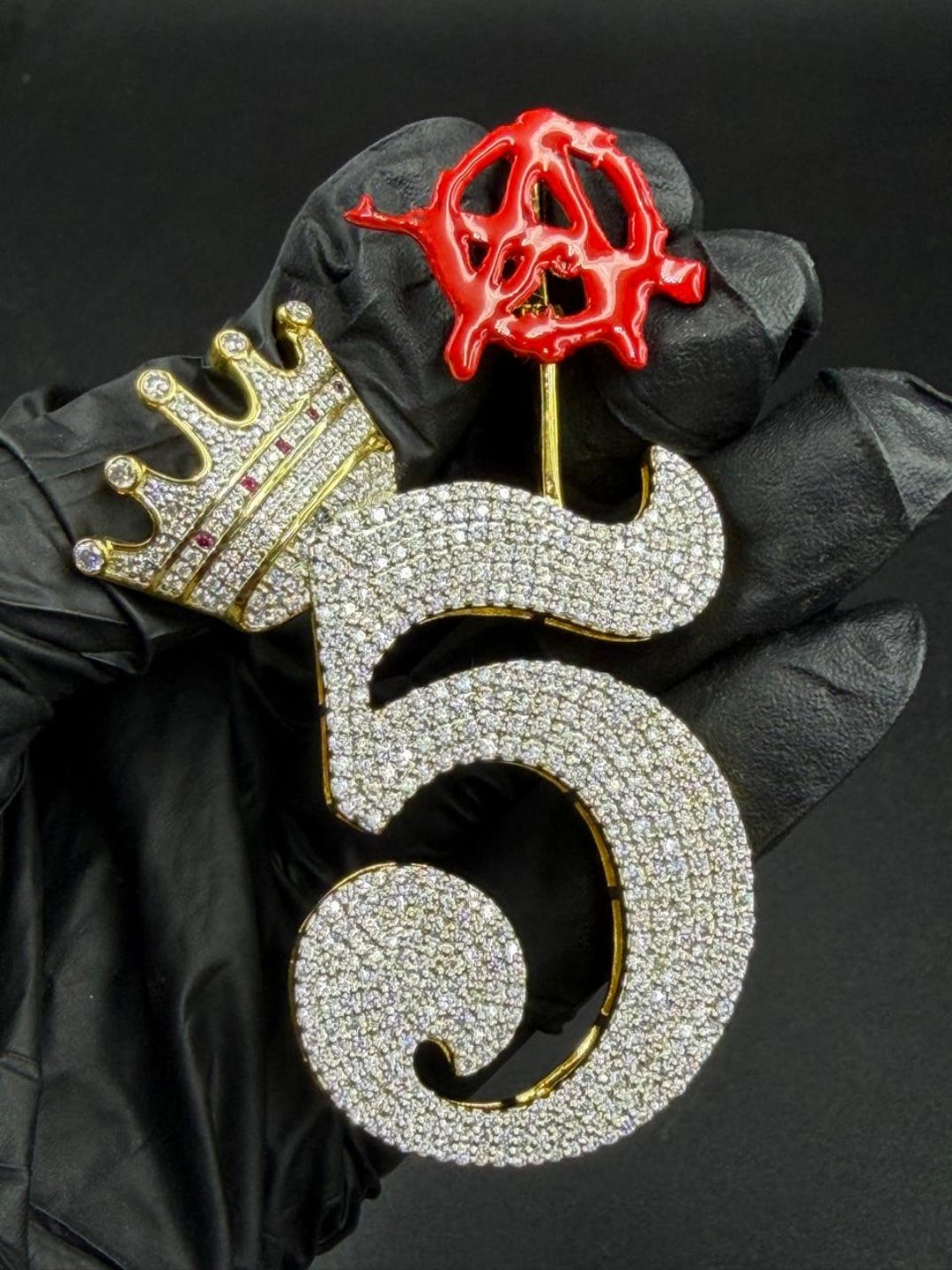 Iced Out Number 5 With Crown Yellow Gold Finish Charm Hip Hop Custom ...