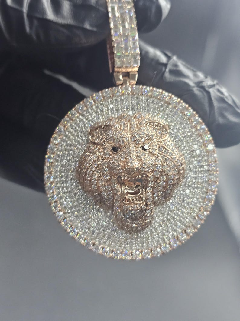 Iced Lion Head Pendant Fully Iced Moissanite Medallion 14K Gold Finish ...