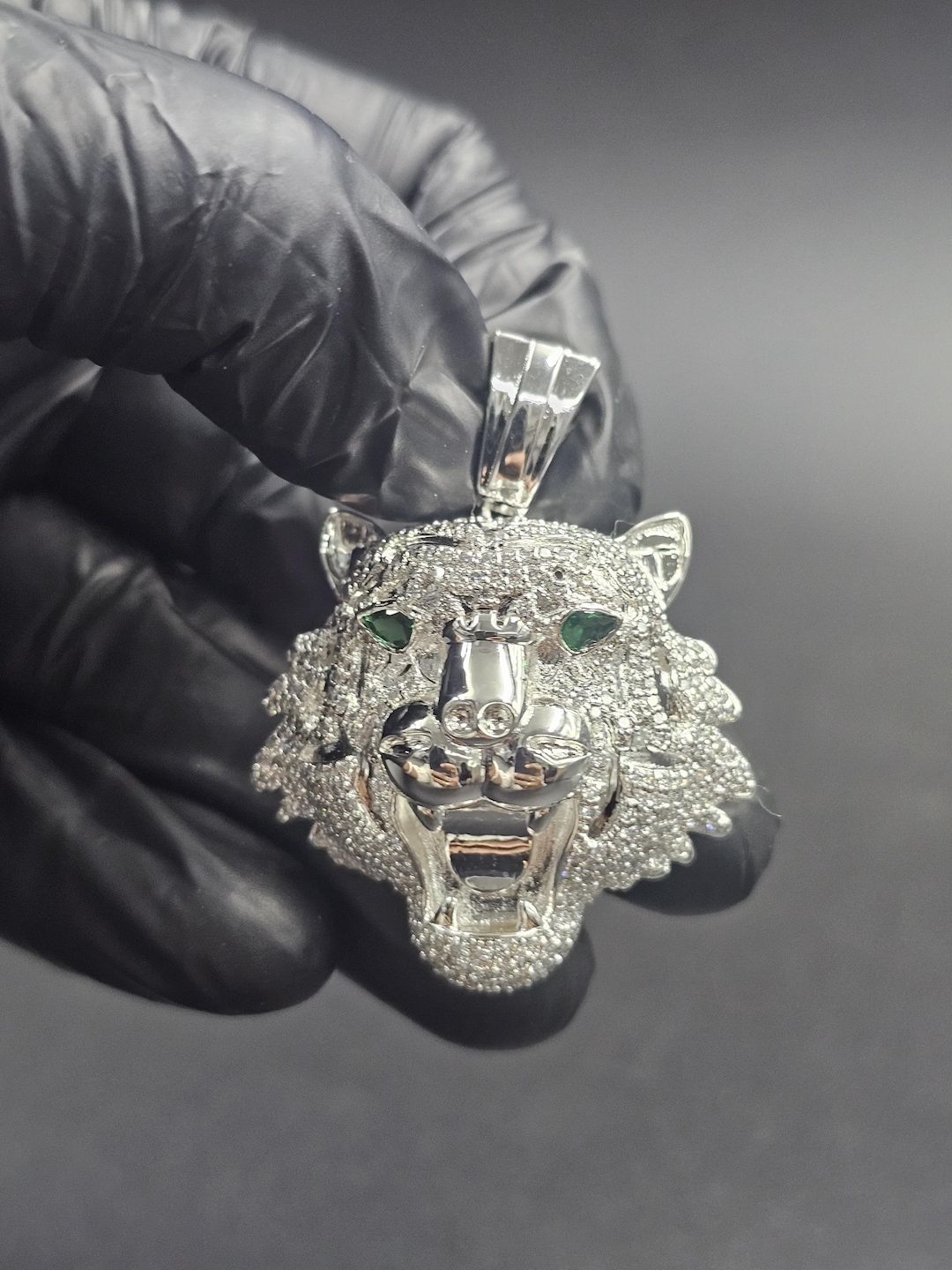 Iced Out Tiger Head Pendant, Moissanite 925 Sterling Silver, Green Eye ...