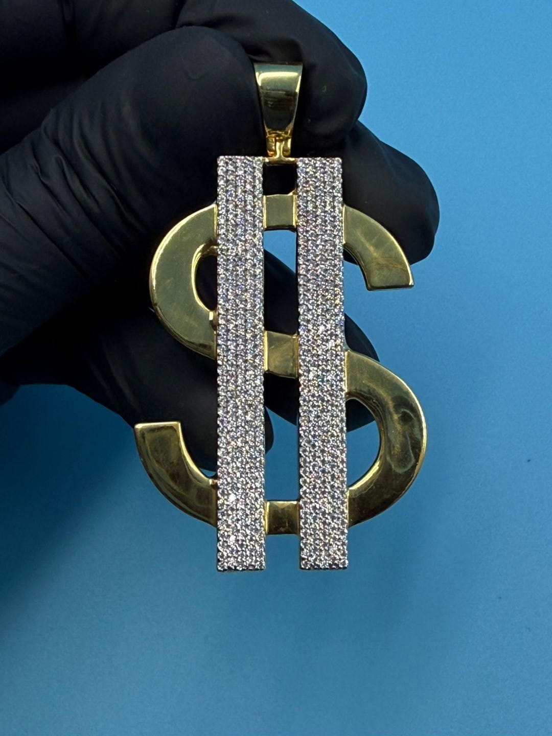 Iced Out Moissanite Dollar Sign Pendant • Yellow Gold Finish Necklace ...