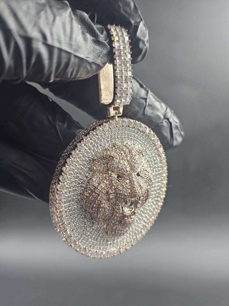 Iced Lion Head Pendant Fully Iced Moissanite Medallion 14K Gold Finish ...