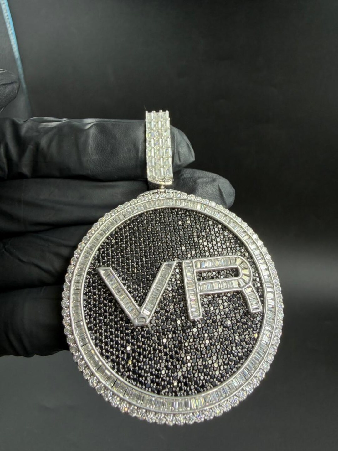 Custom Initial Pendant “VR” Iced Out Black and White Moissanite Round ...