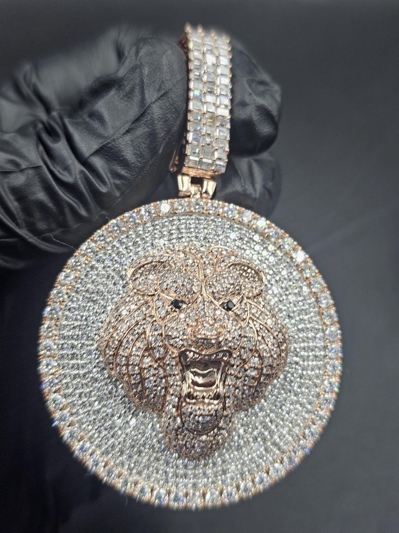 Iced Lion Head Pendant Fully Iced Moissanite Medallion 14K Gold Finish ...