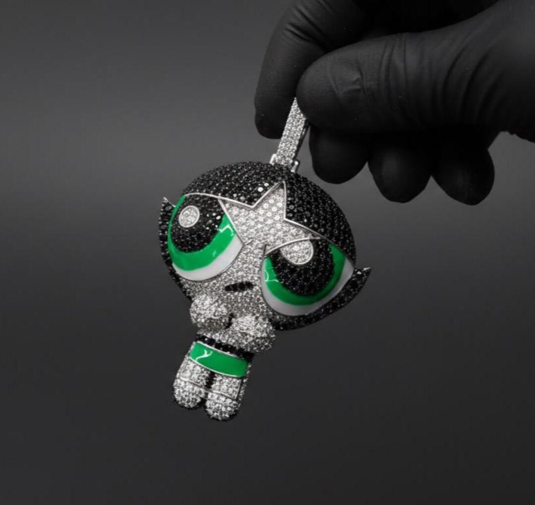 Iced Out Cartoon Girl Pendant Green Enamel & Black Stone Character 14K ...