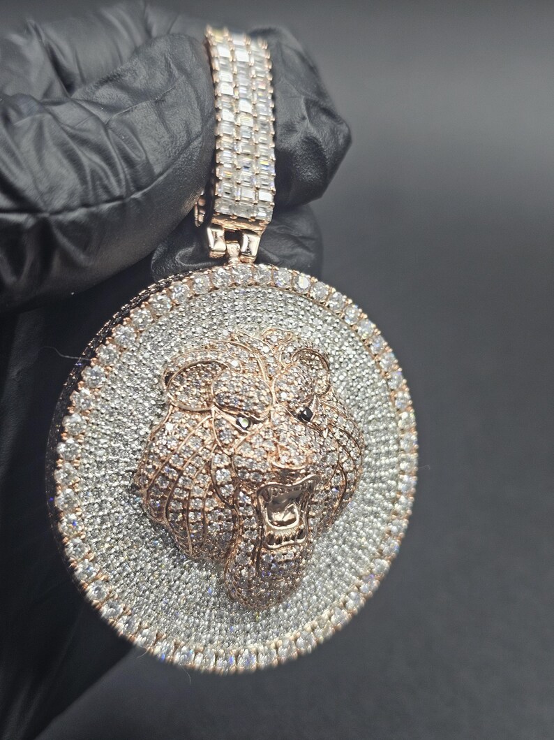 Iced Lion Head Pendant Fully Iced Moissanite Medallion 14K Gold Finish ...