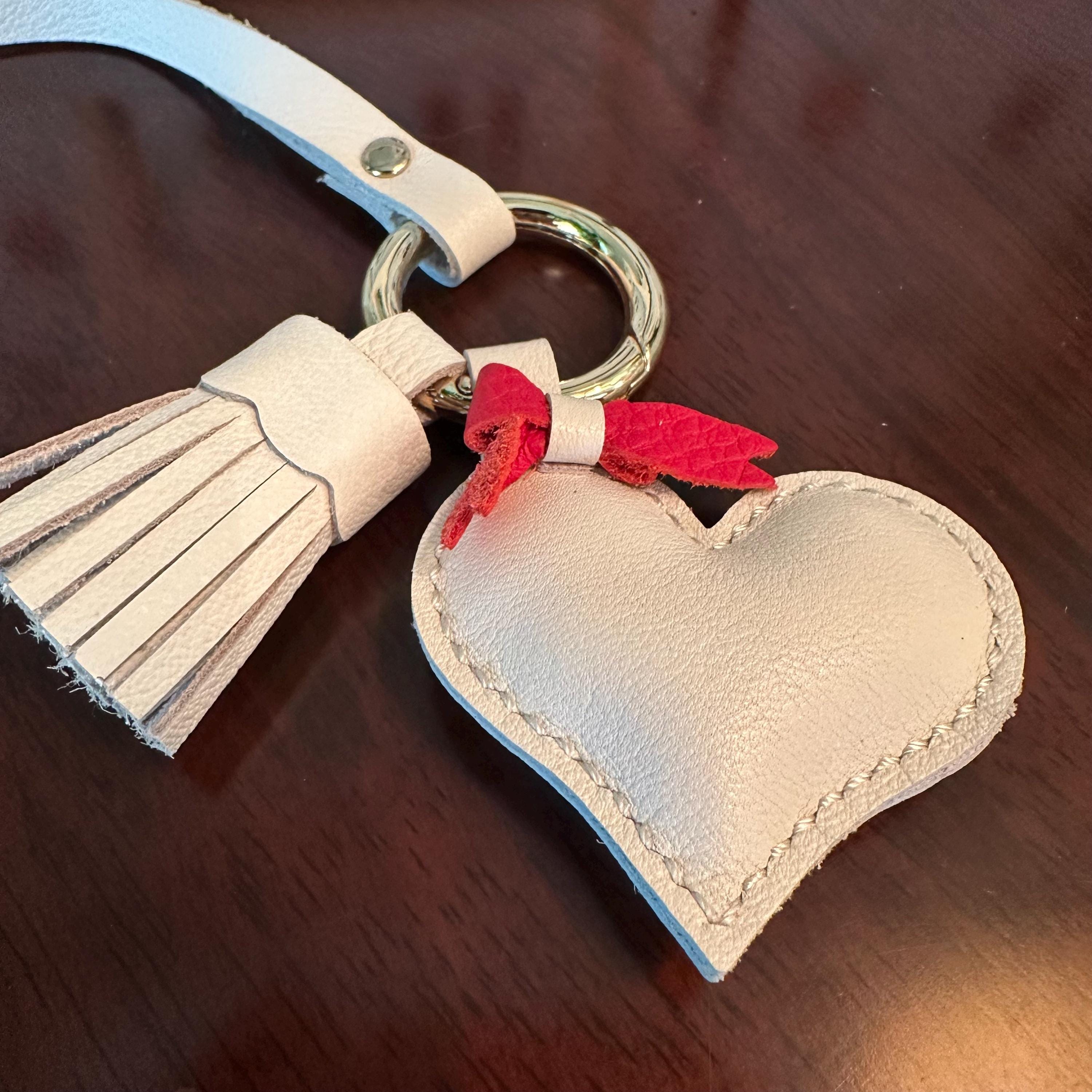 Heart Leather Charm, Handmade Goat Leather Heart With Tassel Bag Charm ...
