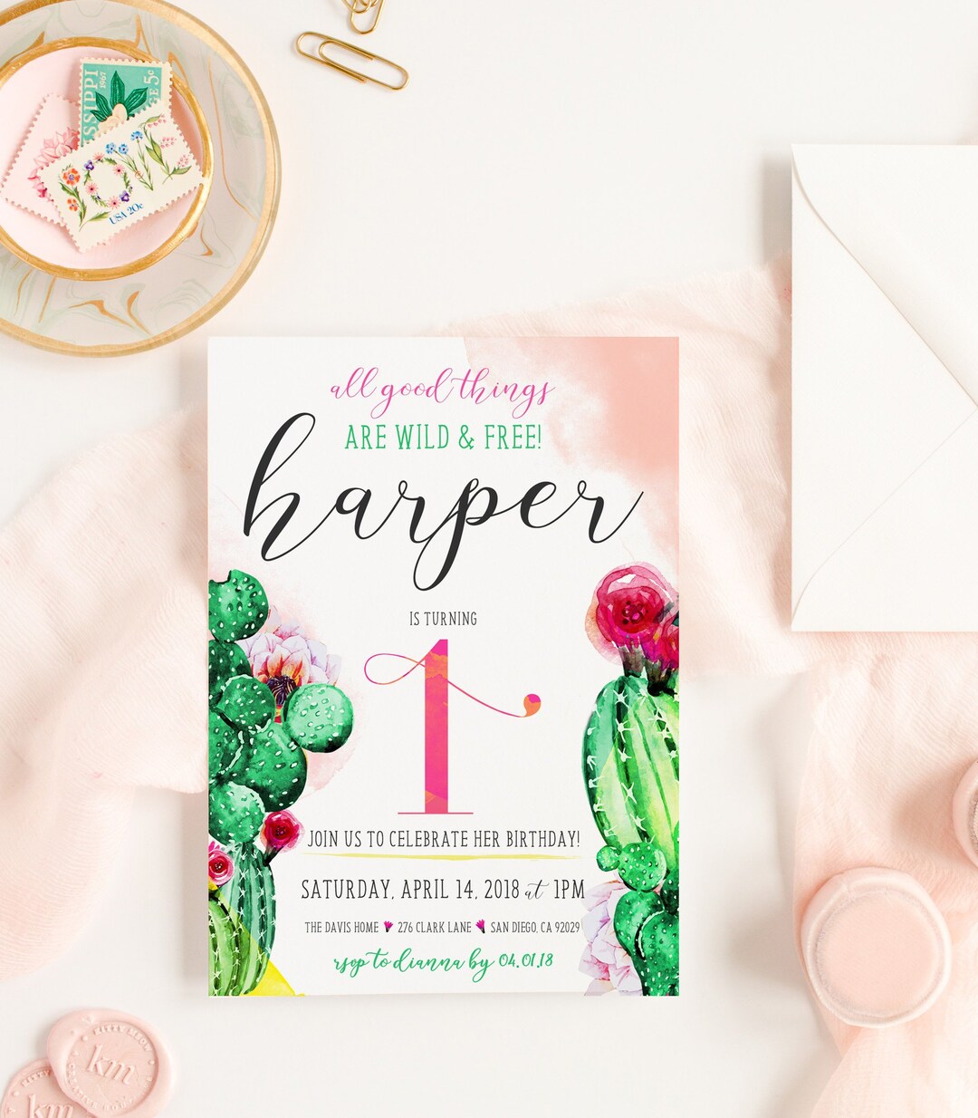 Cactus Theme Birthday Invite for Girls Pink & Green Watercolor Wild and ...