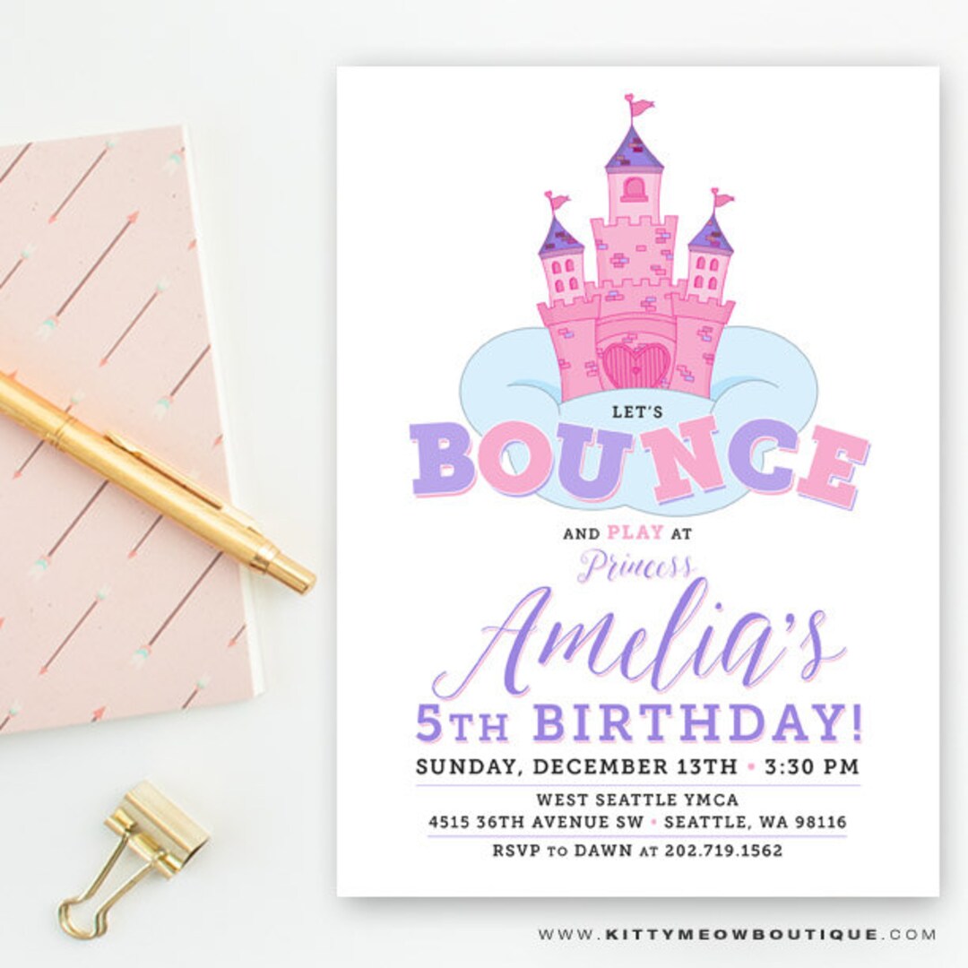 Pink and Purple, Bouncy Castle, Princess Girl Birthday Invitations - Etsy