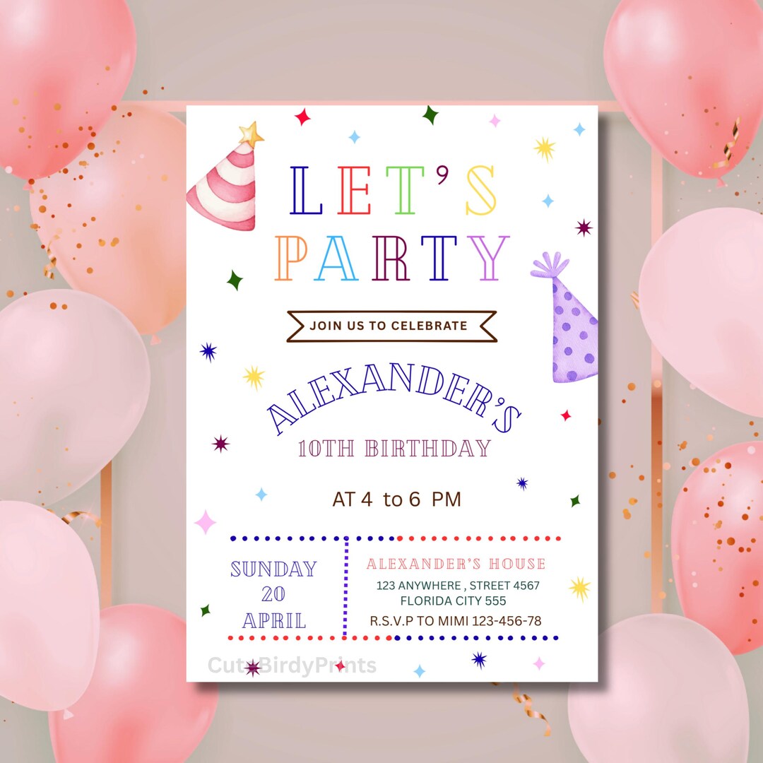 Simple Colorful Rainbow Birthday Invite, Let's Party Invitation, Bright ...