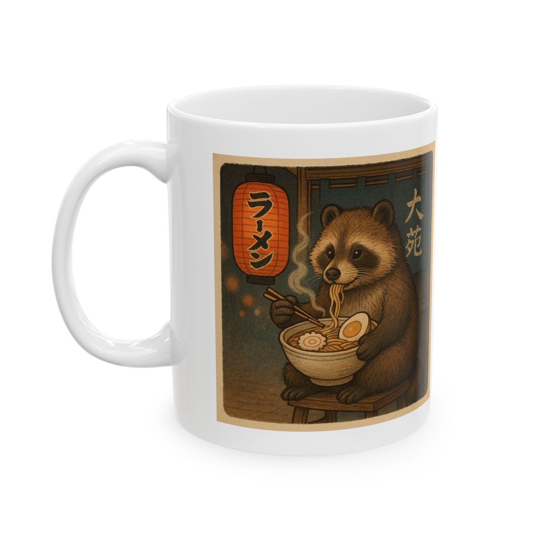 Tanuki Eating Ramen Ceramic Mug, Cute Animal Coffee Cup, Gift for ...