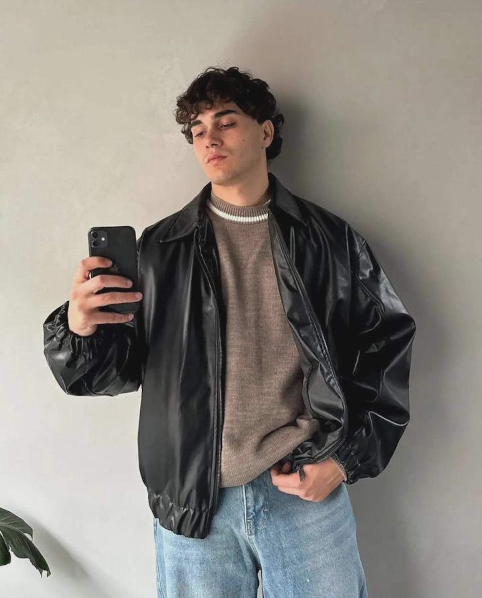 Men's Oversized Black Leather Bomber Jacket, Baggy Streetwear Style ...