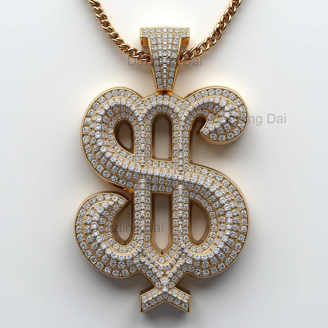 Iced Out Moissanite Dollar Sign Pendant: 14K Gold Plated Sterling ...
