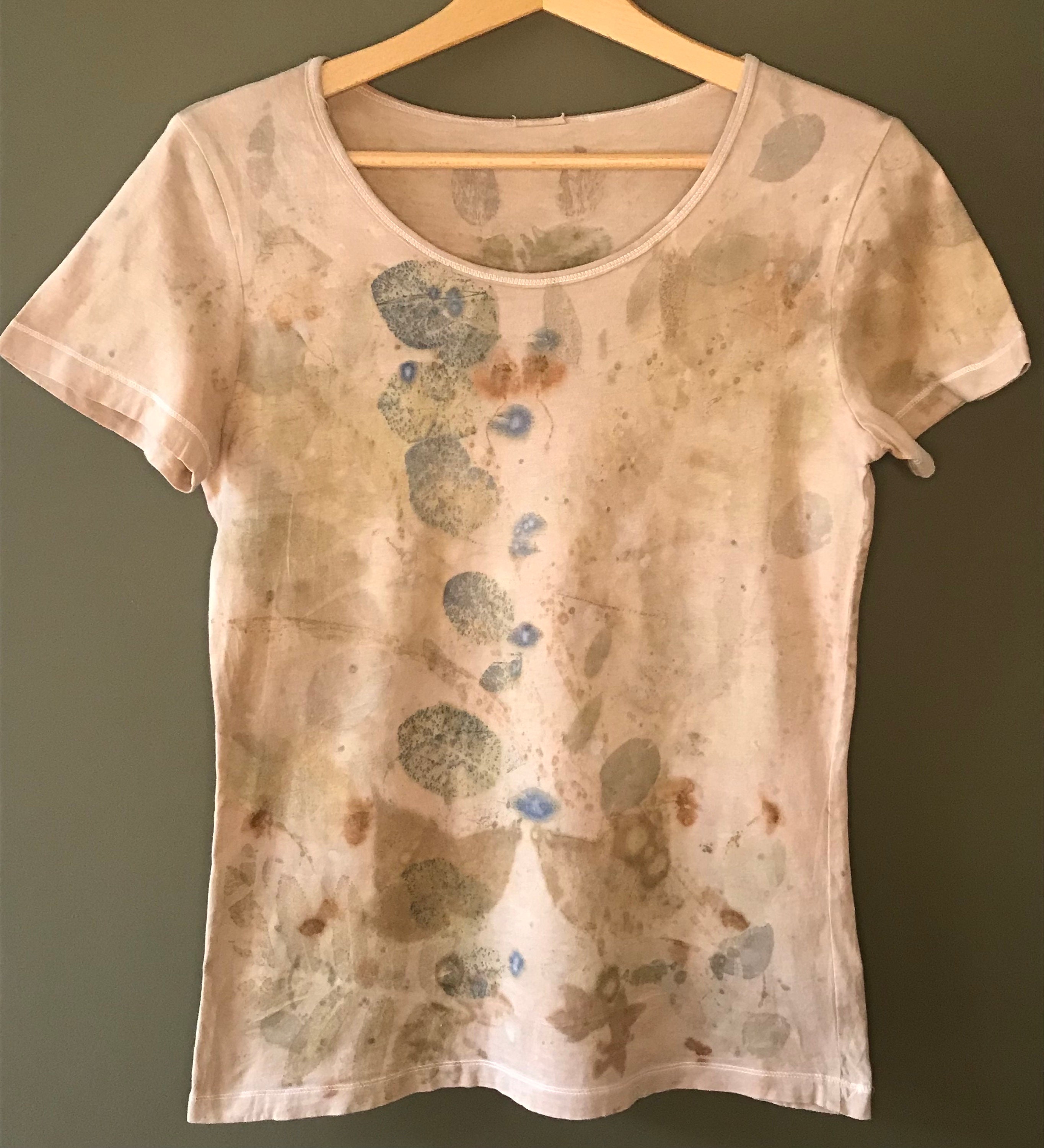 Plant-dyed and Eco-printed Cotton T Shirt, Blue and Chestnut Tones, One ...