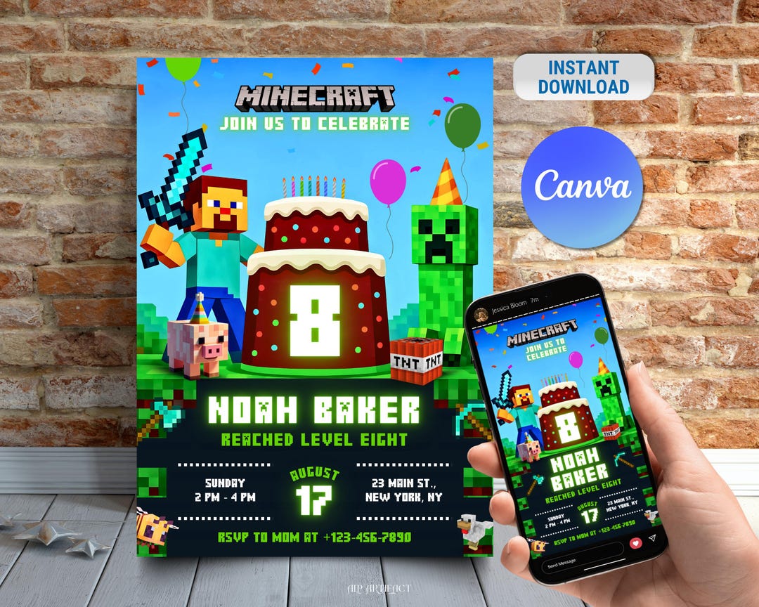 Editable Minecraft Party Invitation, Gamer Birthday Invite for Kids ...