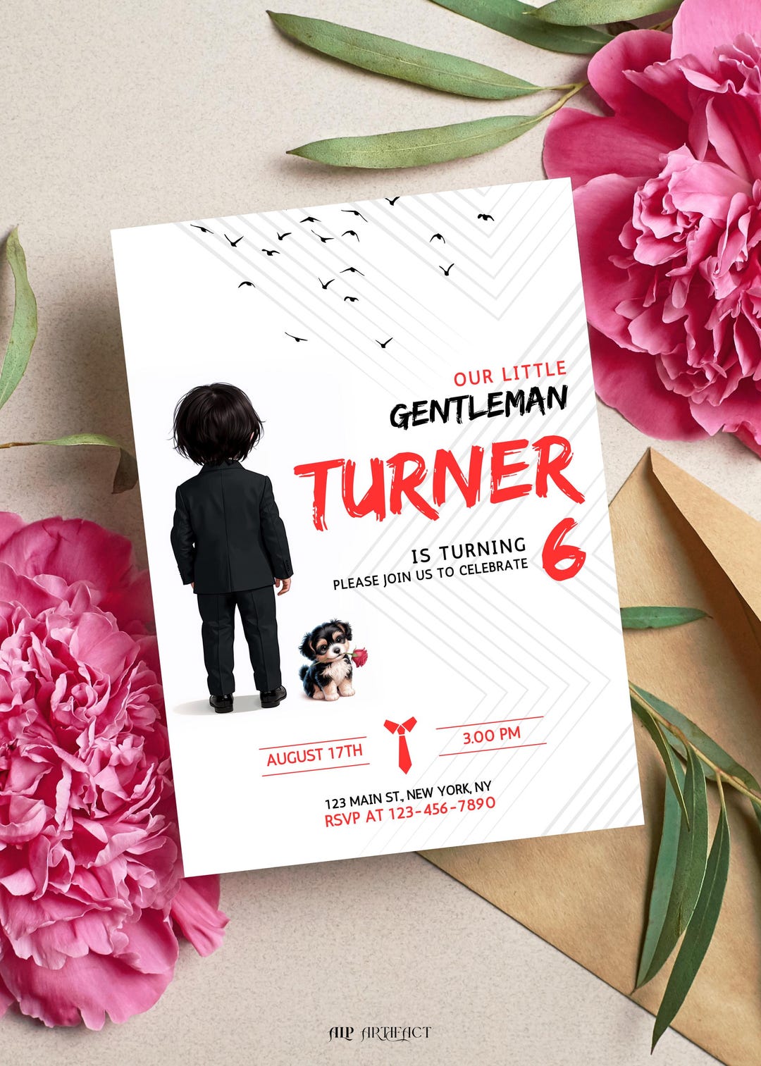 Editable Little Gentleman Birthday Invitation, Puppy and Boy in Suit ...