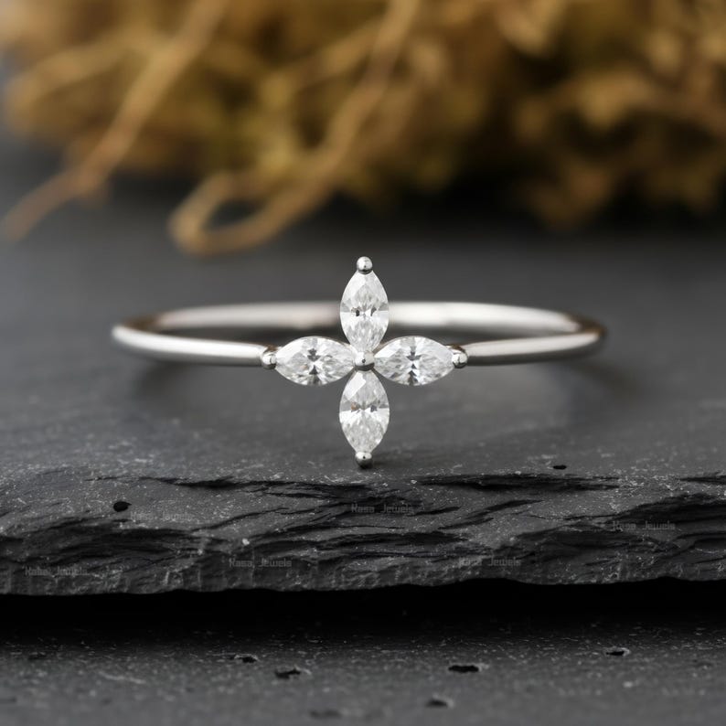 14K Gold Marquise Diamond Flower Ring: Minimalist Promise Ring - Etsy ...