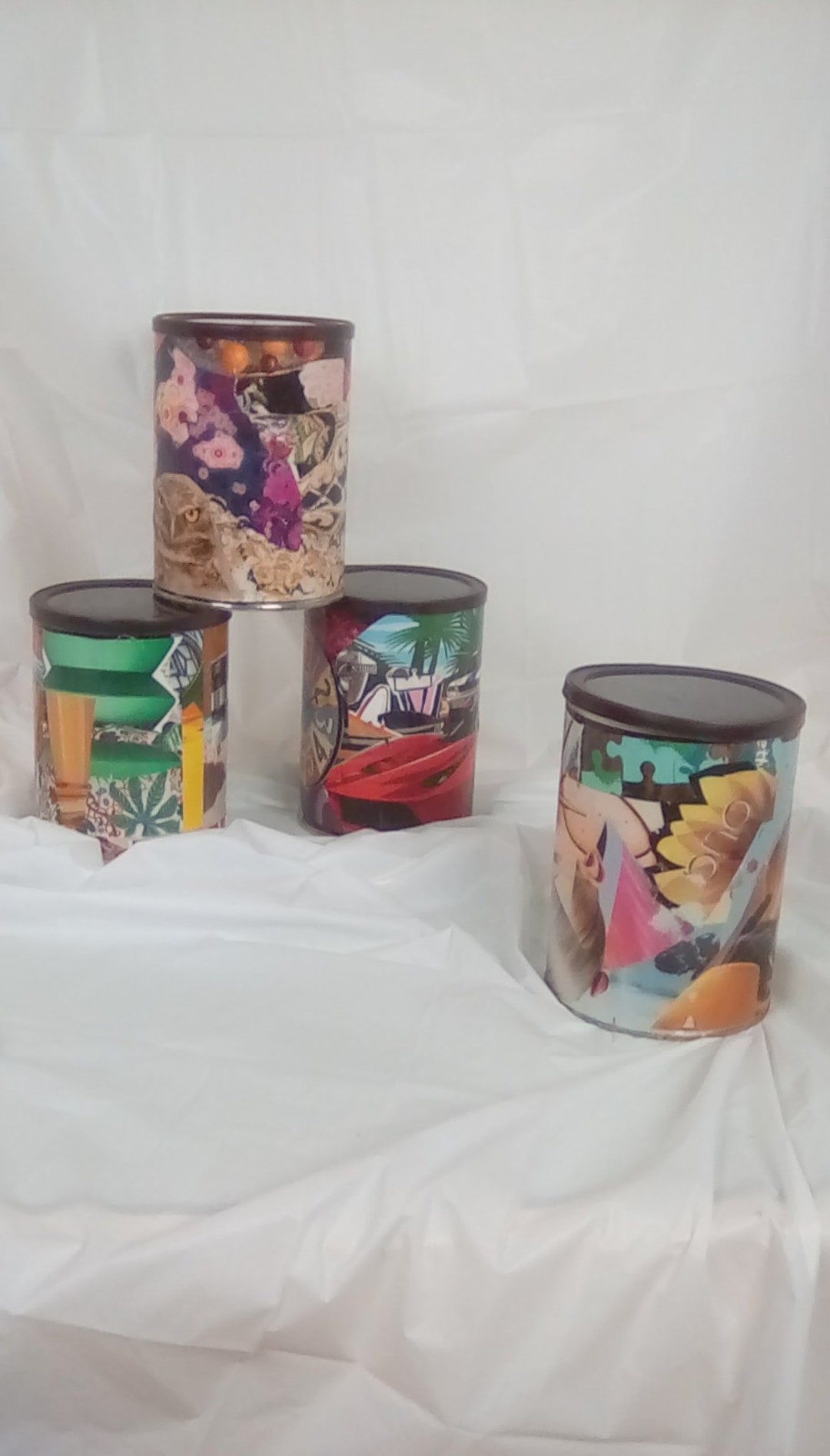 Artsy Collaged Coffee Can Upcycled Into a Functional Storage Bin for ...
