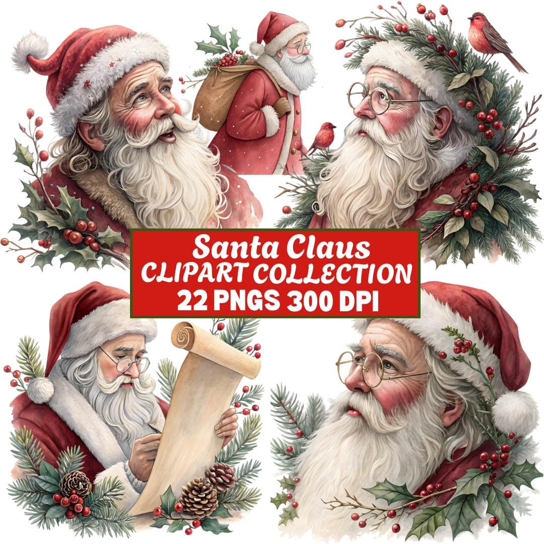 Christmas Clipart Bundle Watercolor Holiday Graphics | Santa Claus ...