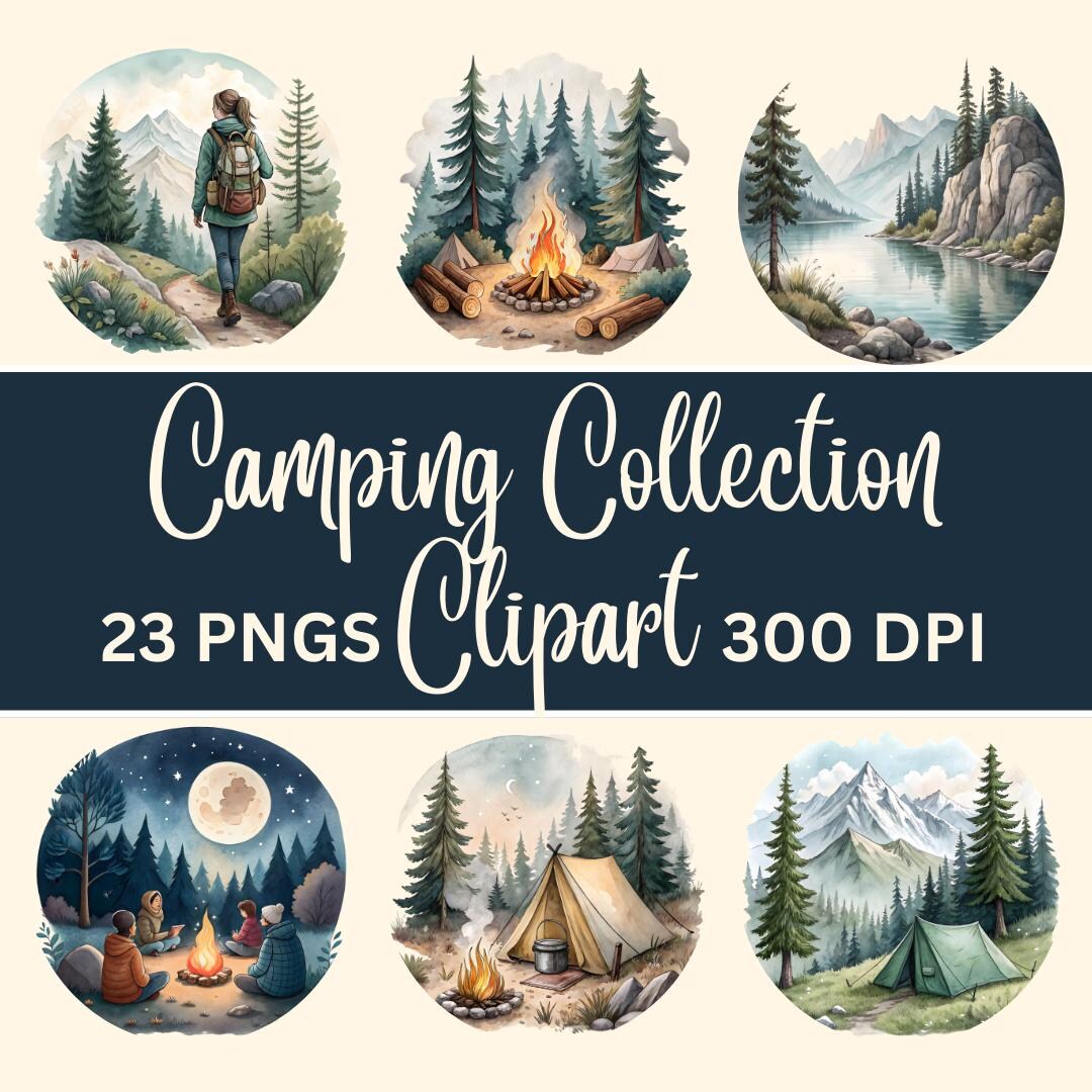 Watercolor Camping Clipart Bundle: Mountain Landscape PNG Illustrations ...