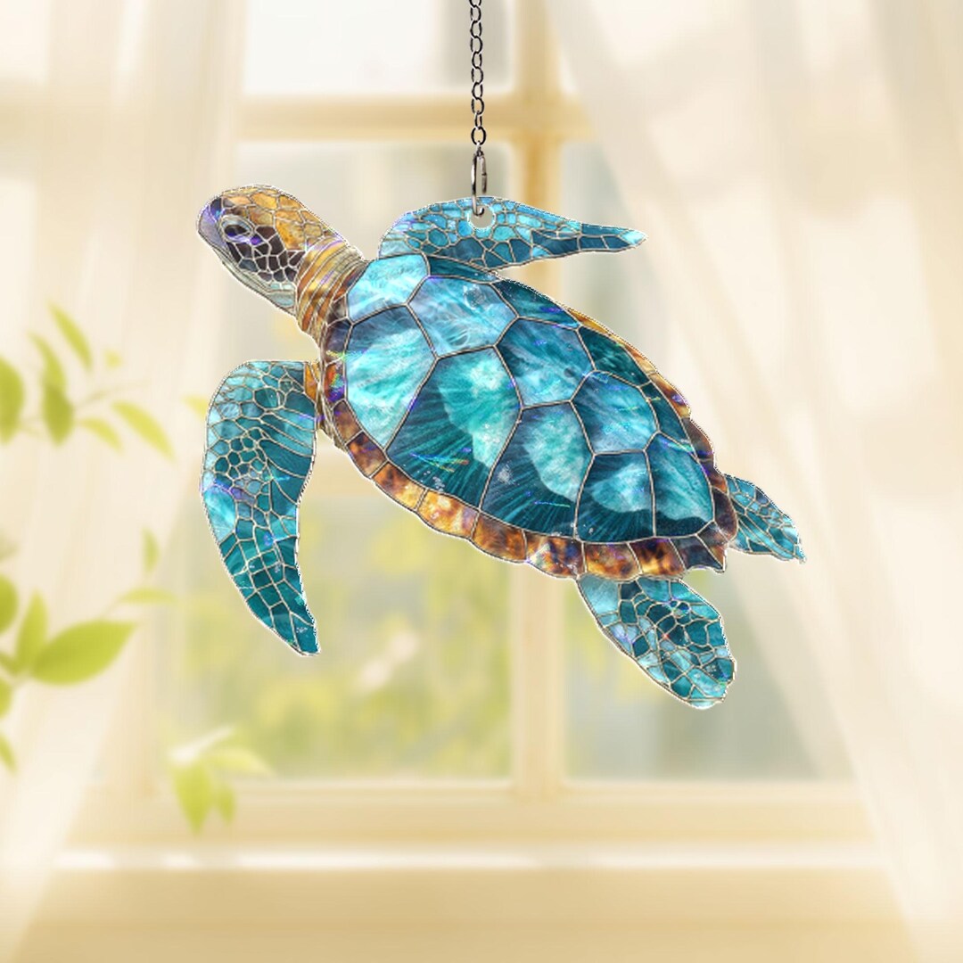 Sea Turtle Acrylic Suncatcher, Ocean Blue Turtle Window Hanging Panel ...
