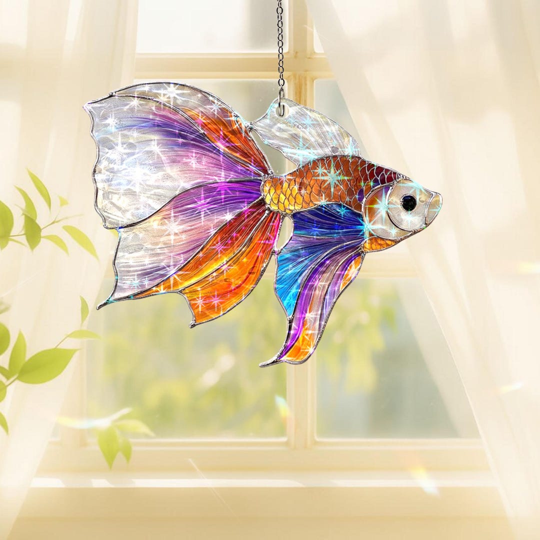 Betta Fish Acrylic Wavy Suncatcher Ornament, Colorful Faux Stained ...