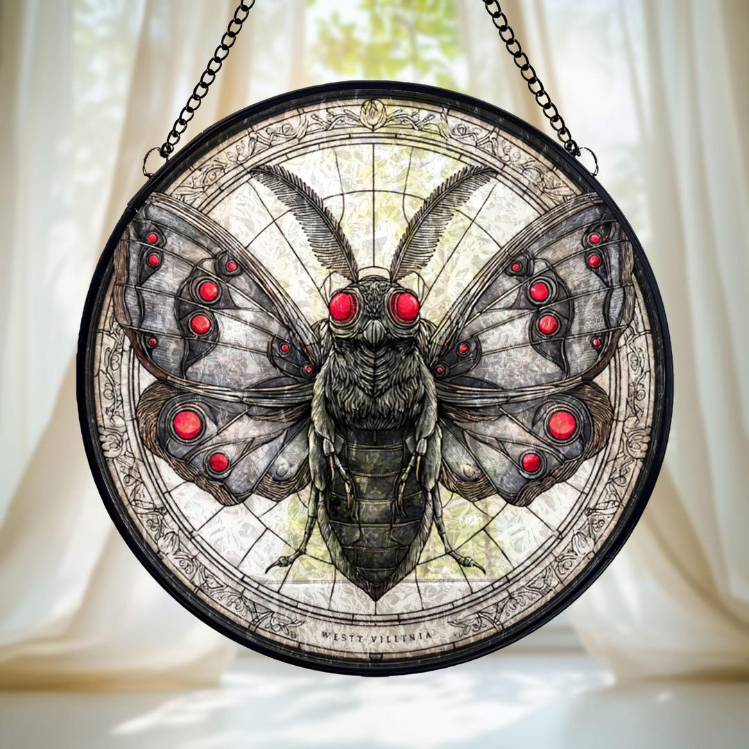 Mothman Stained Glass Suncatcher, Round Gothic Window Hanging With Red ...