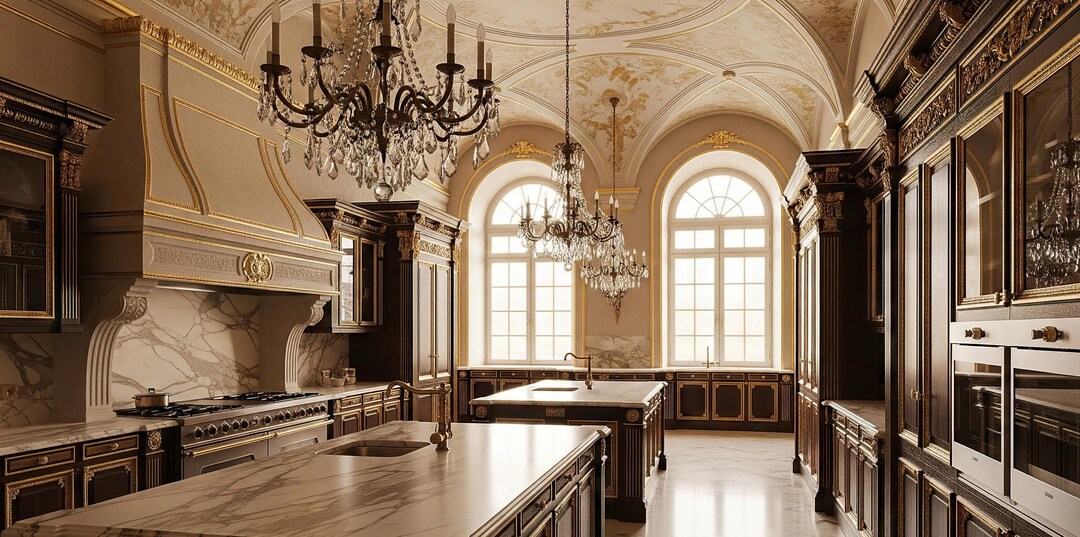 A Luxurious Royal Palace Kitchen, Opulent Interior Design With Gold ...