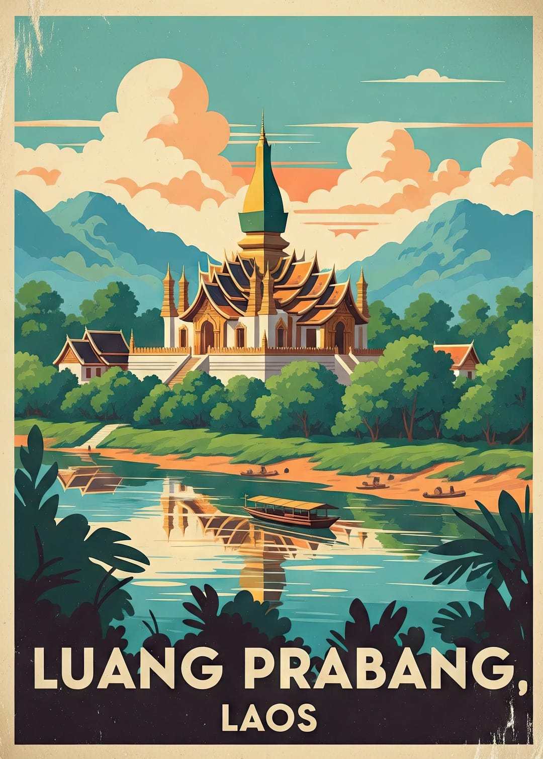 Luang Prabang Laos Vintage Travel Poster | Retro Asia Wall Art | Mekong ...