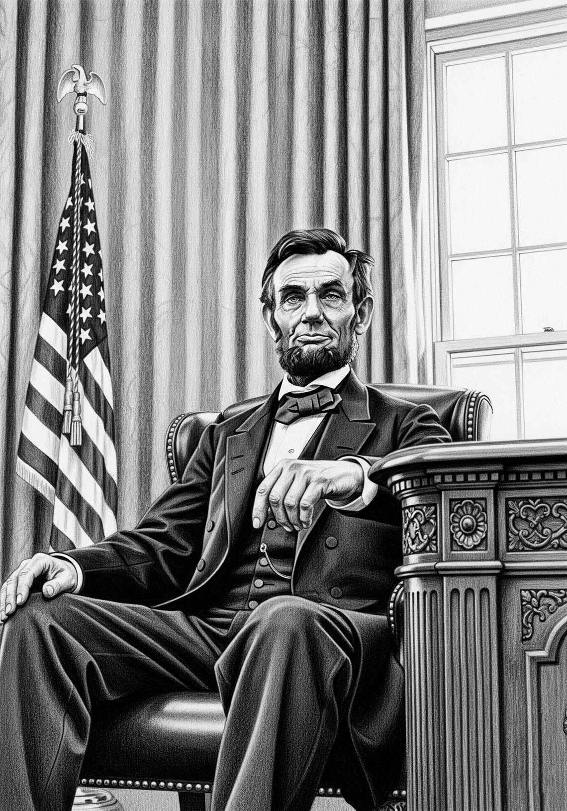 Abraham Lincoln Oval Office Sketch – Historic Black & White Pencil ...